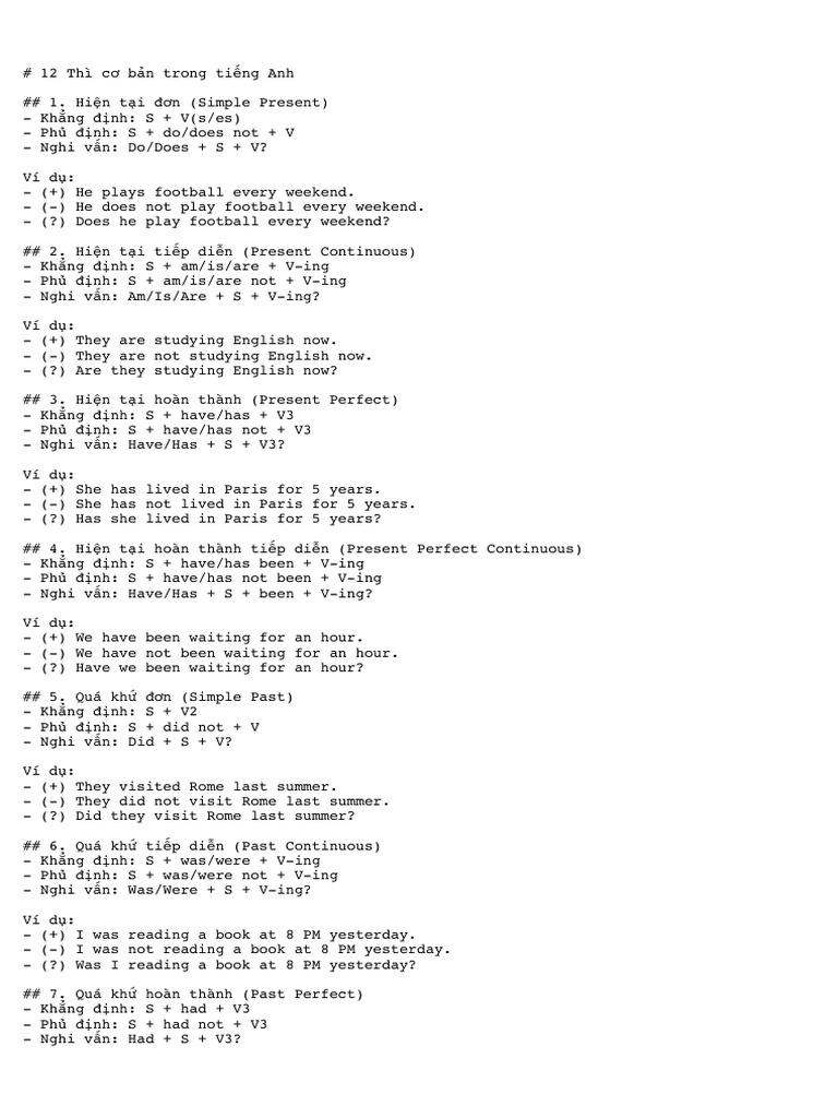 English Tenses Summary Pdf