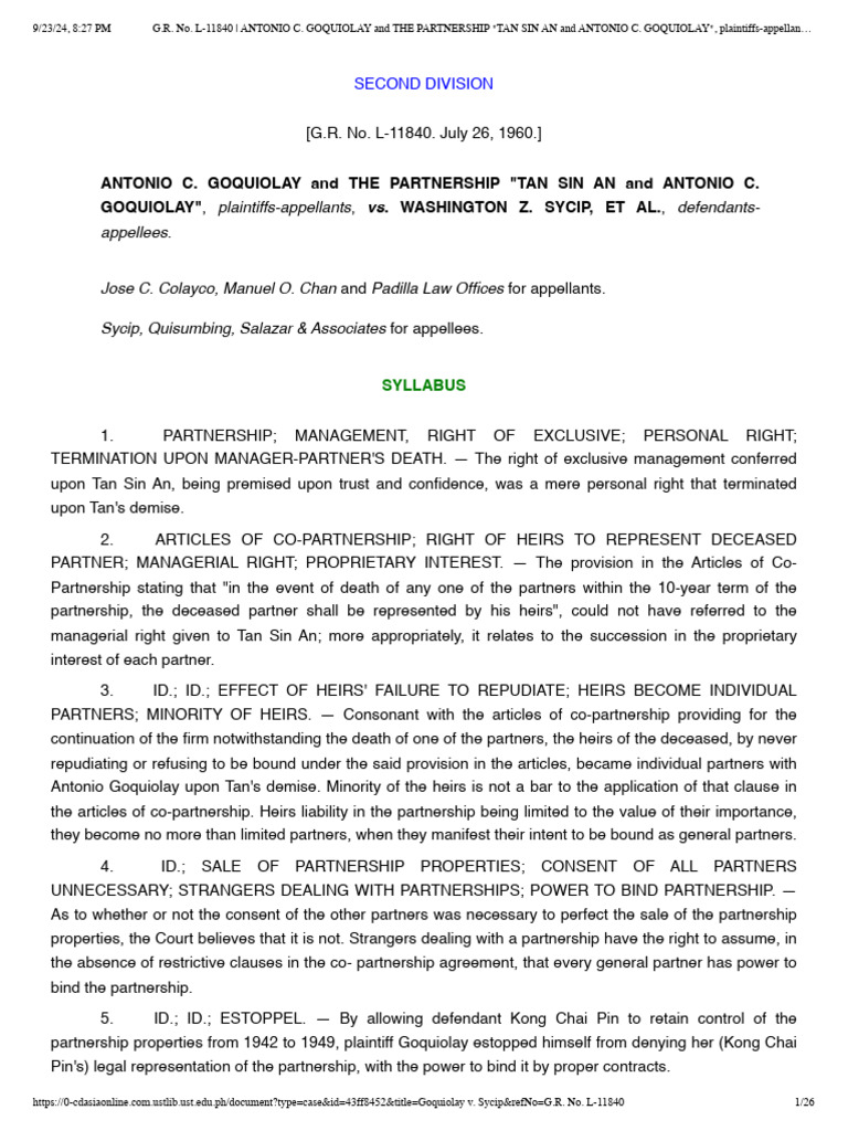 Goquilay vs. Sycip, G.R. No. L-11840, December 10, 1963 | PDF