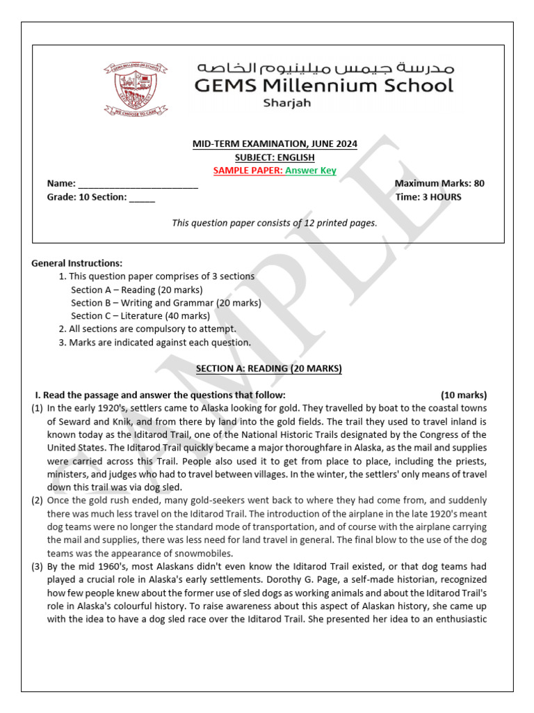 Answer Key - Grade 10 - English - SAMPLE PAPER - Midterm Exam | PDF