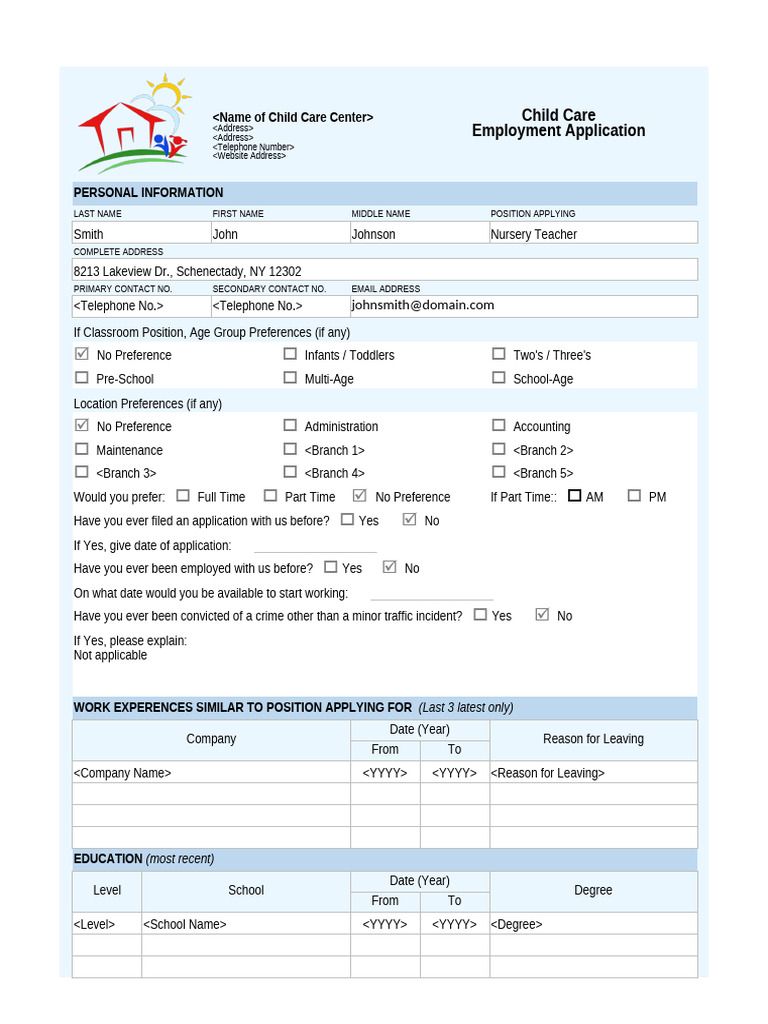 Childcare Job Application Form | PDF | Childhood | Career & Growth