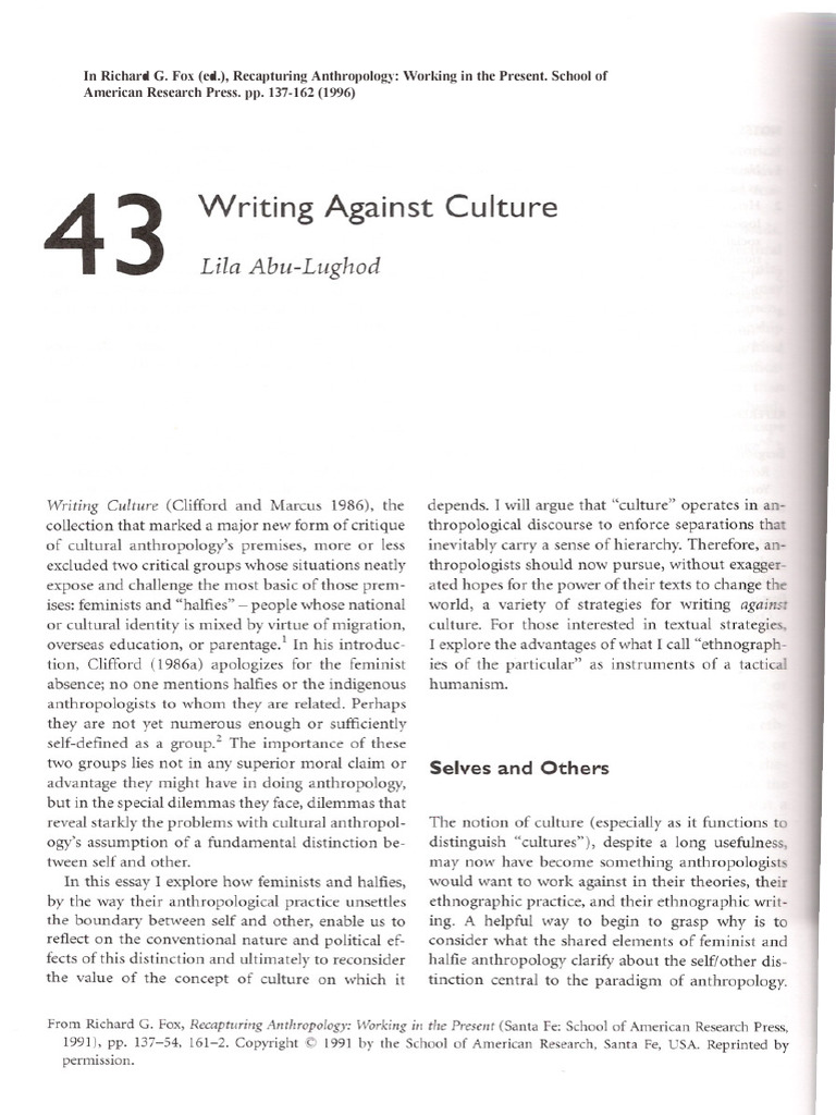Abu Lughod 1991 Writing Against Culture1 | PDF