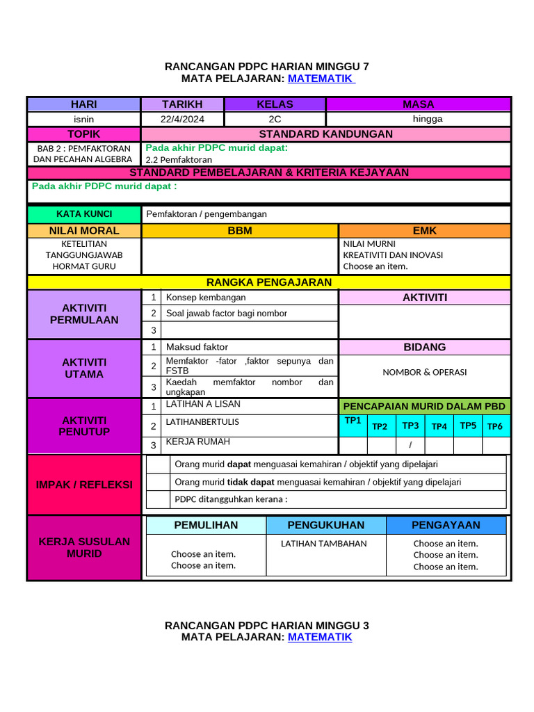 Lesson Plan Maths KSSM Form 2 A | PDF