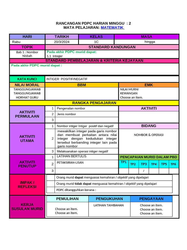 LESSON PLAN MATHS KSSM FORM 1 A | PDF