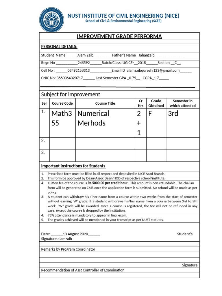 Grade Improvement Proforma - Summer-2020 | PDF