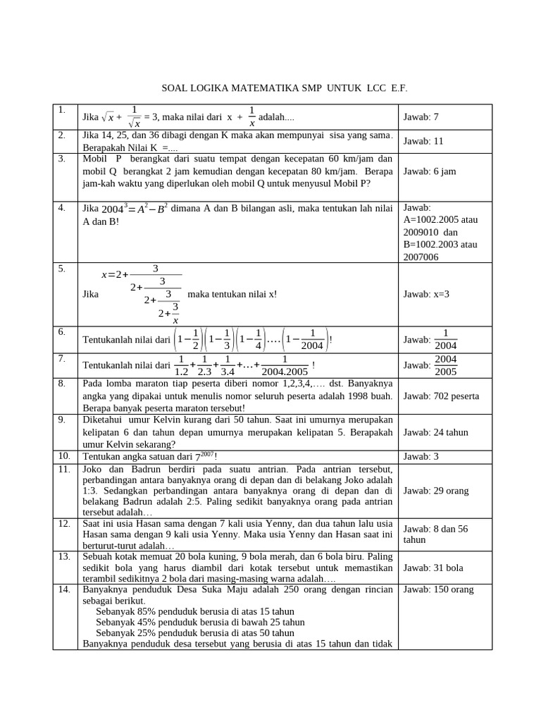 PDF Soal Logika Matematika SMP Untuk LCC Education Festival - Convert - Compress | PDF