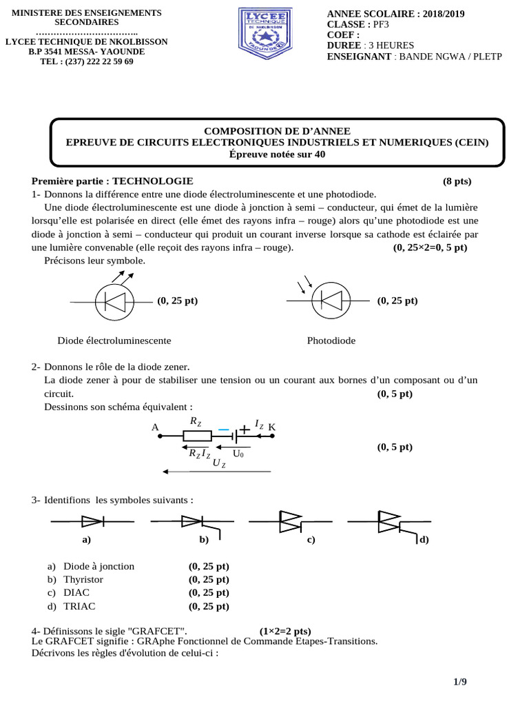 EPREUVE DE CIRCUIT ANALOGIQUE - PF3 - LTN - 2018-2019 - SEQ 5 - Correction | PDF