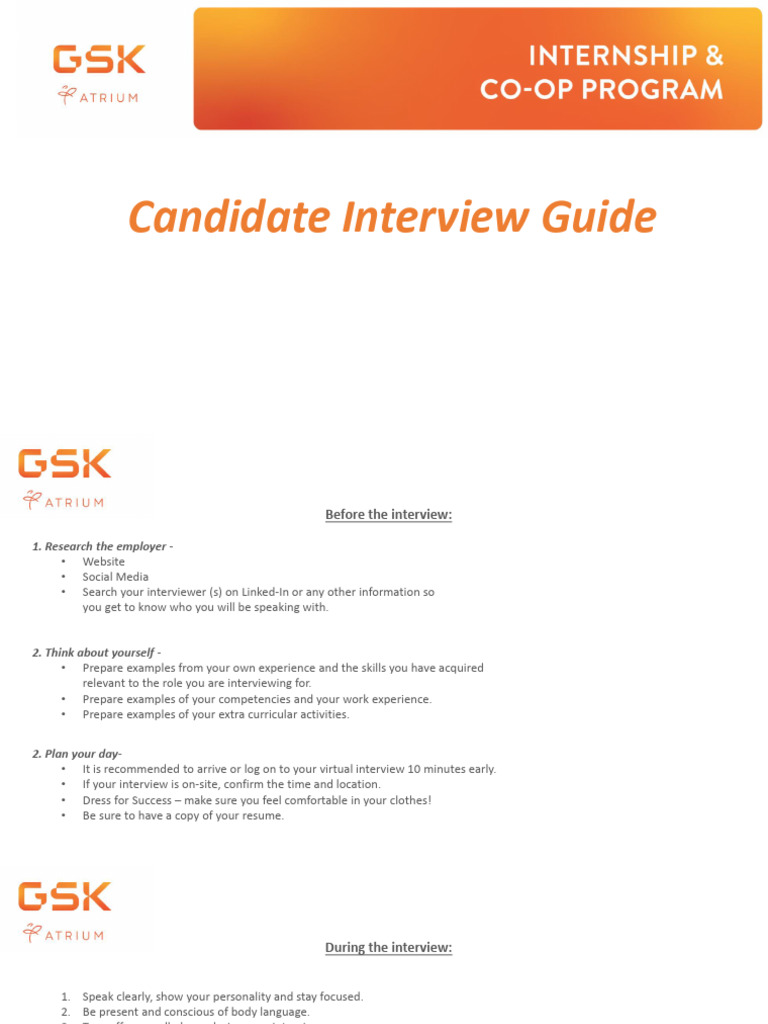GSK Intern and Co-Op Program - Interview Tips | PDF