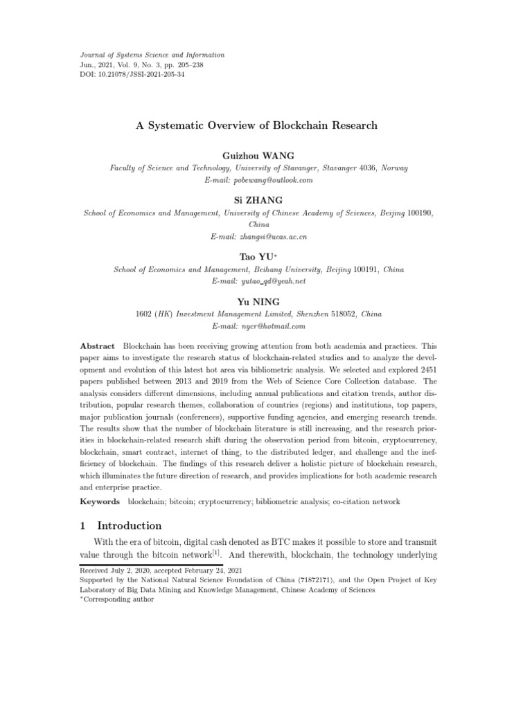 A Systematic Overview Of Blockchain Research 2021 205 34 Pdf
