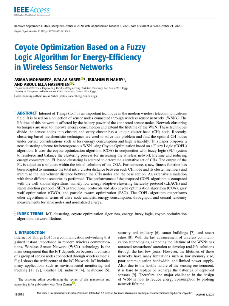 Coyote Optimization Based On A Fuzzy Logic Algorit Pdf Wireless Sensor Network Cluster