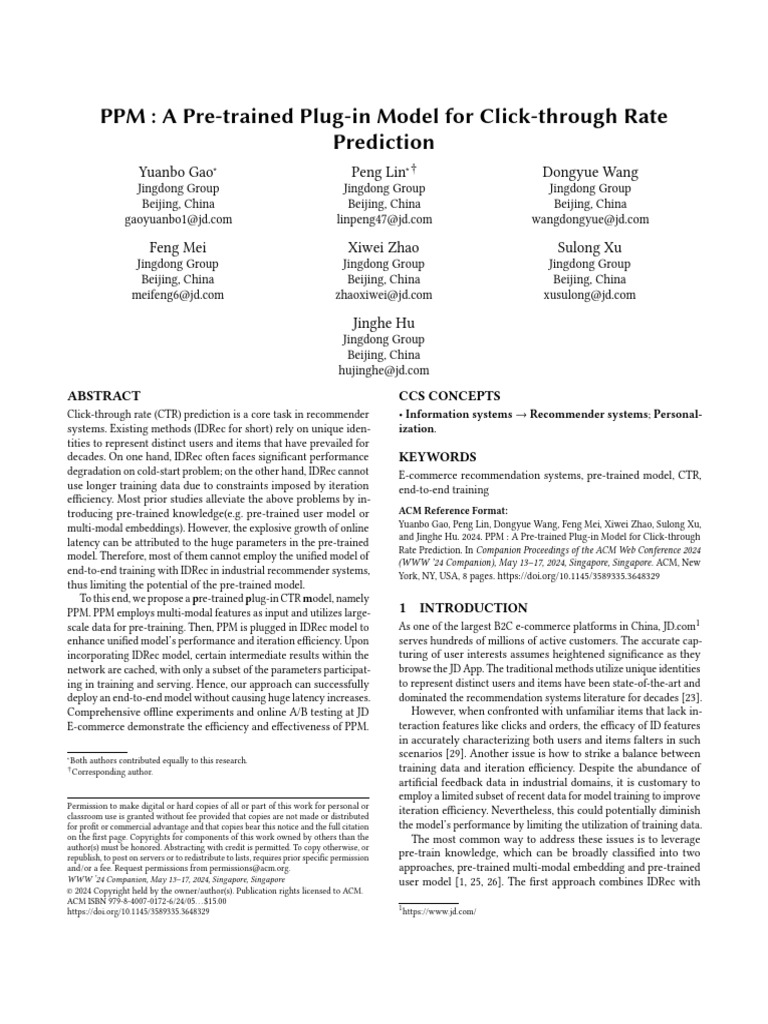 PPM-A Pre-Trained Plug-In Model For Click-Through Rate Prediction-2024 | PDF | Applied Mathematics