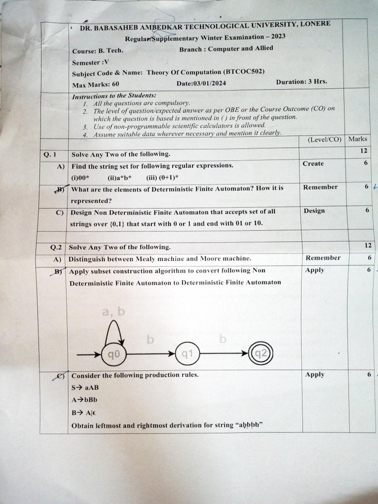 TOC Winter 2023 (CSE) | PDF