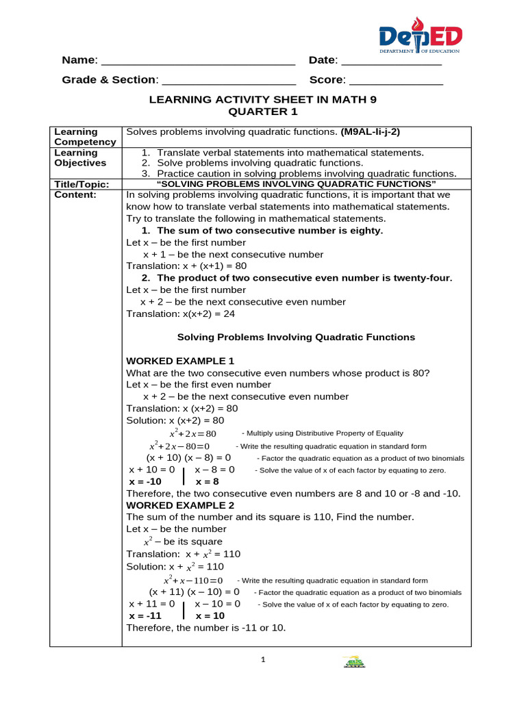 LAS - MATH 9 - QUARTER 1 (Day 1-2) | PDF