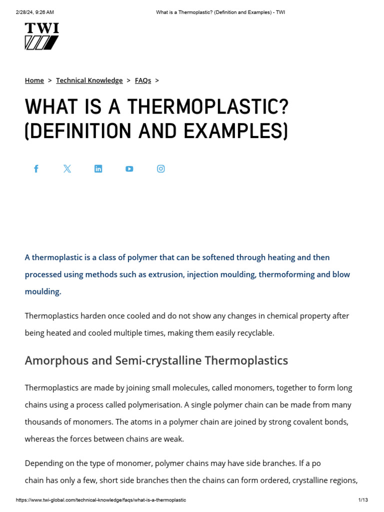 What Is A Thermoplastic - (Definition and Examples) - TWI | PDF