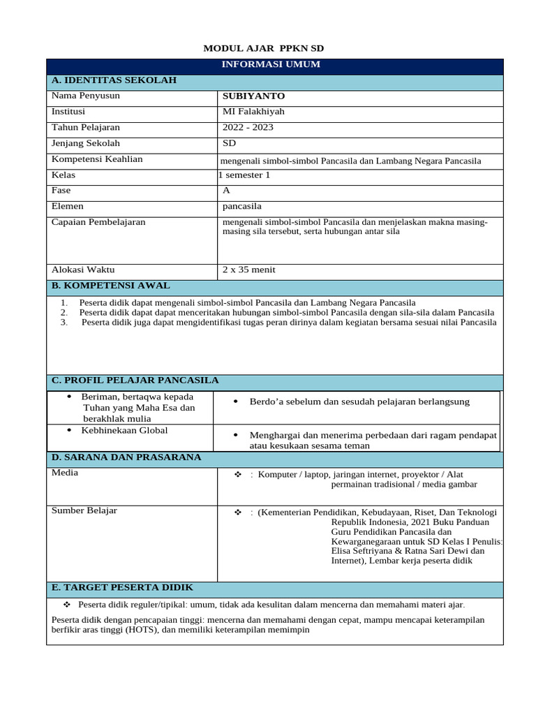 Modul Ajar PPKN Kls 1 | PDF