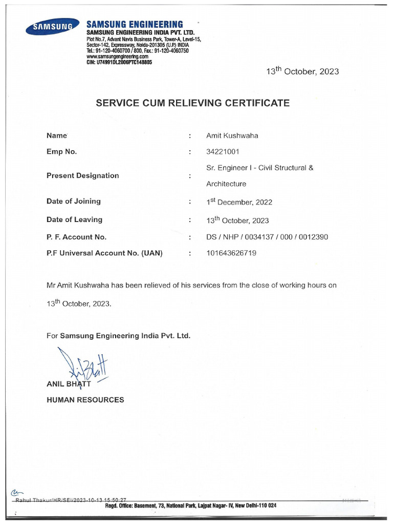 Samsung Experience - Relieving Certificate | PDF