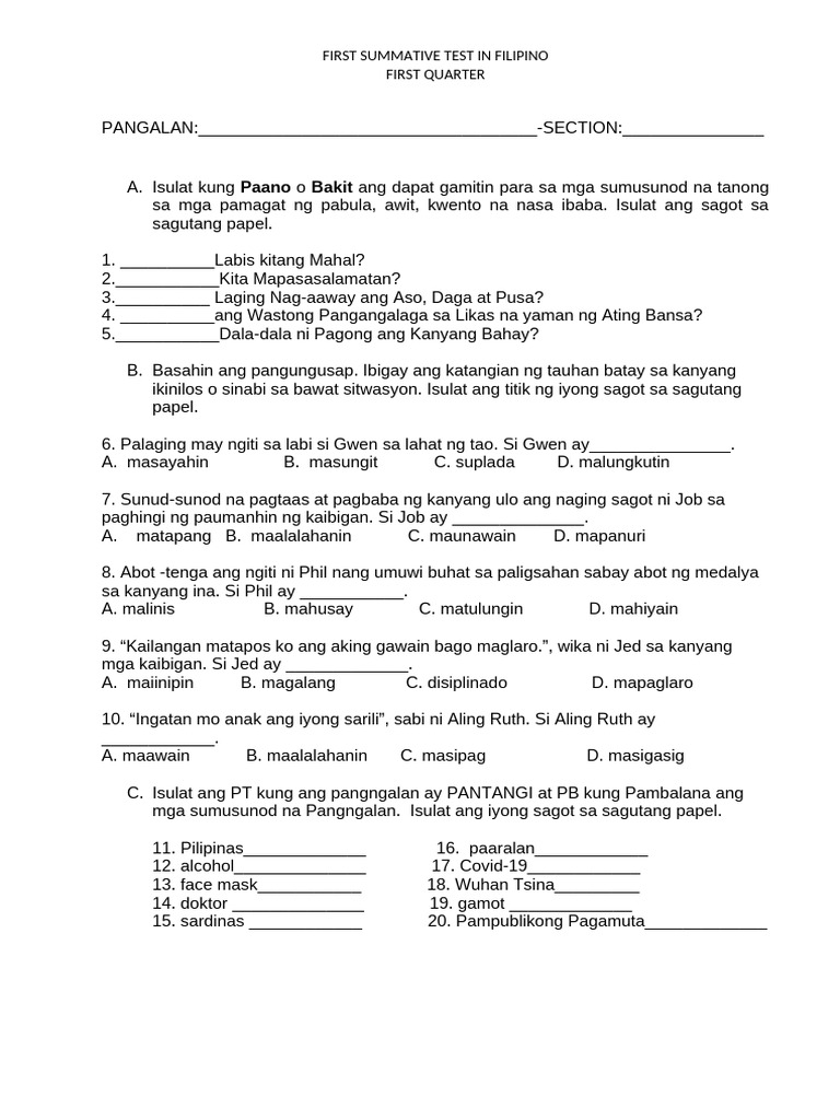 1st Summative Test in Filipino - 1st Quarter | PDF