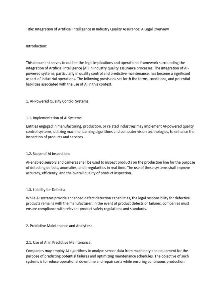 Integration of Artificial Intelligence in Industry Quality Assurance - A Legal Overview | PDF