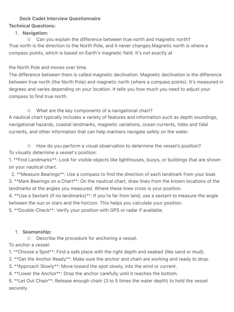 Deck Cadet Interview Questionnaire | PDF