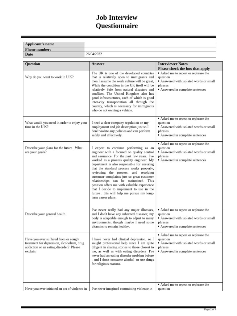 Job Interview Questionnaire | PDF