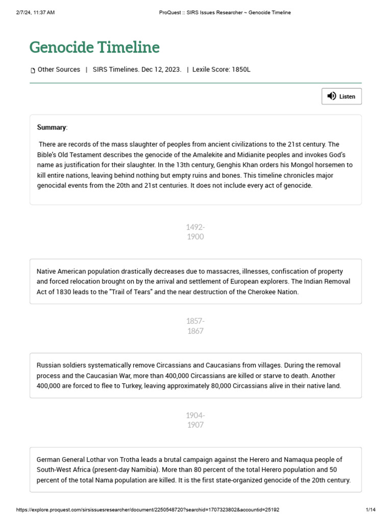 ProQuest - SIRS Issues Researcher Genocide Timeline | PDF
