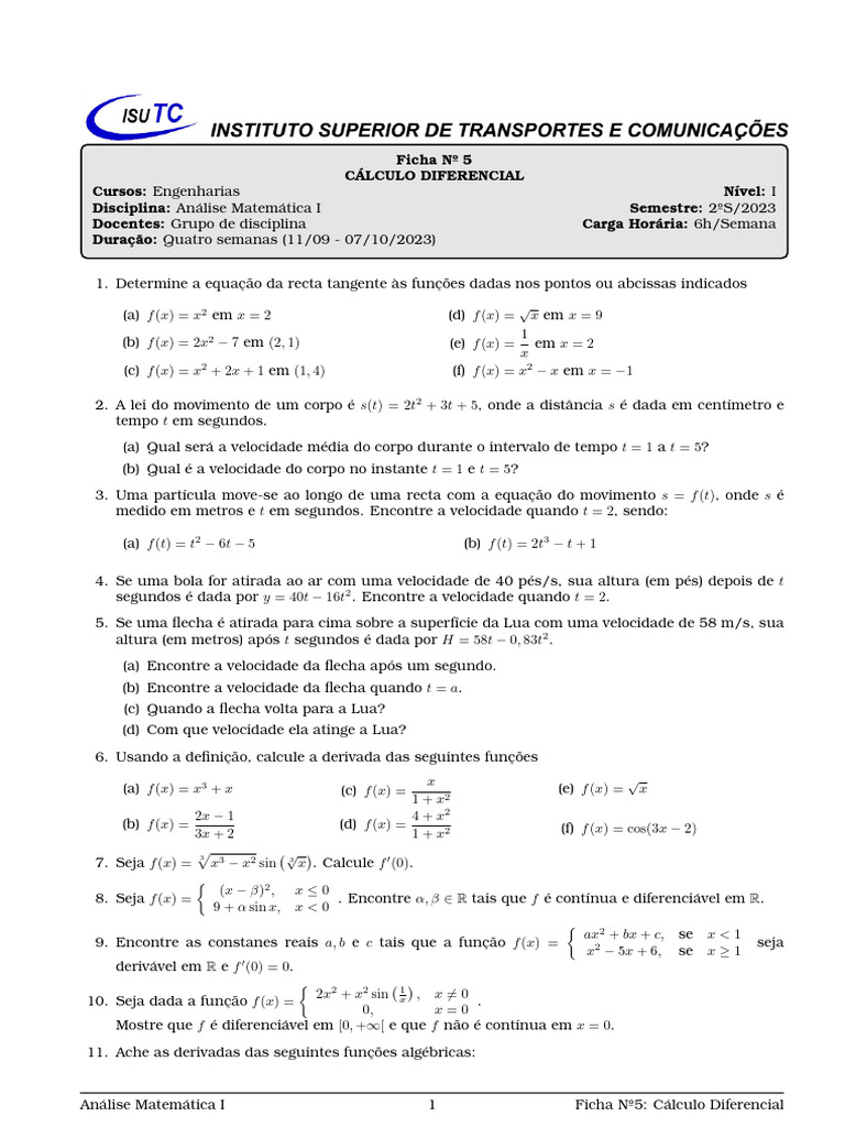 Ficha Exercicios N-05 Calculo Diferencial 2-S-2023 (1) | PDF