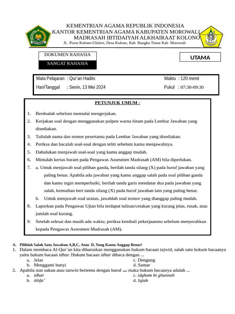 SOAL UM QH Tn. 23-24 | PDF