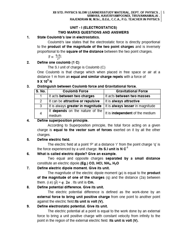 Physics Slow Learners Study Material 2020 - 2021 - Second Year | PDF