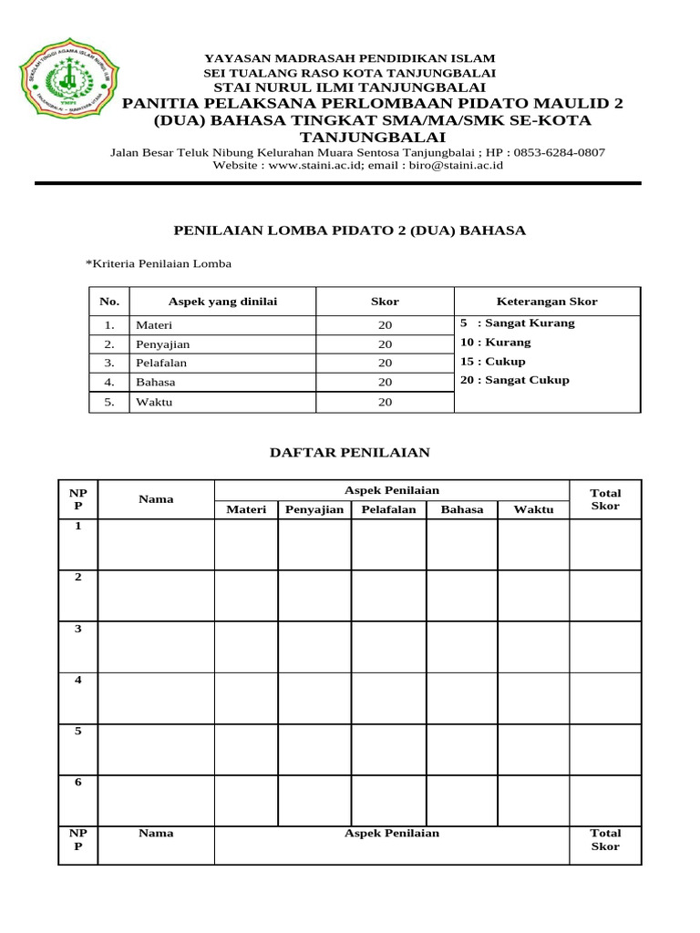 Rubrik Penilaian Dewan Juri Lomba Pidato 2 Bahasa Pdf