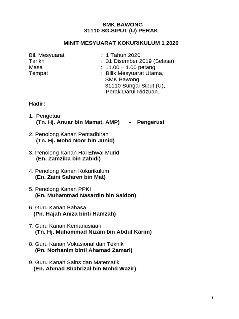 Minit Kokurikulum 1 2020 | PDF