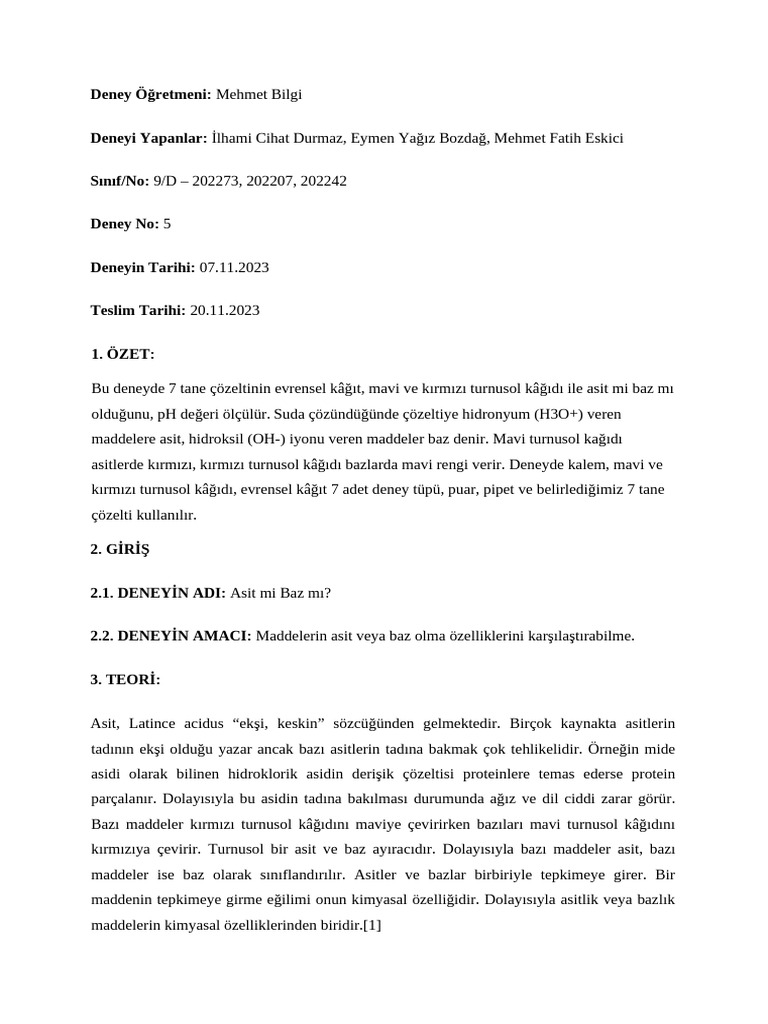 Kimya Deney Raporu 5 | PDF