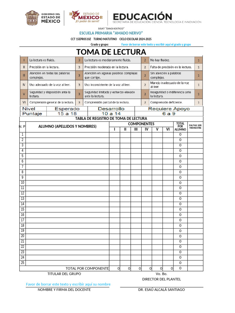 Formatos de Registro Sisat Diagnostico Amado Nervo Ciclo Escolar 2024 ...