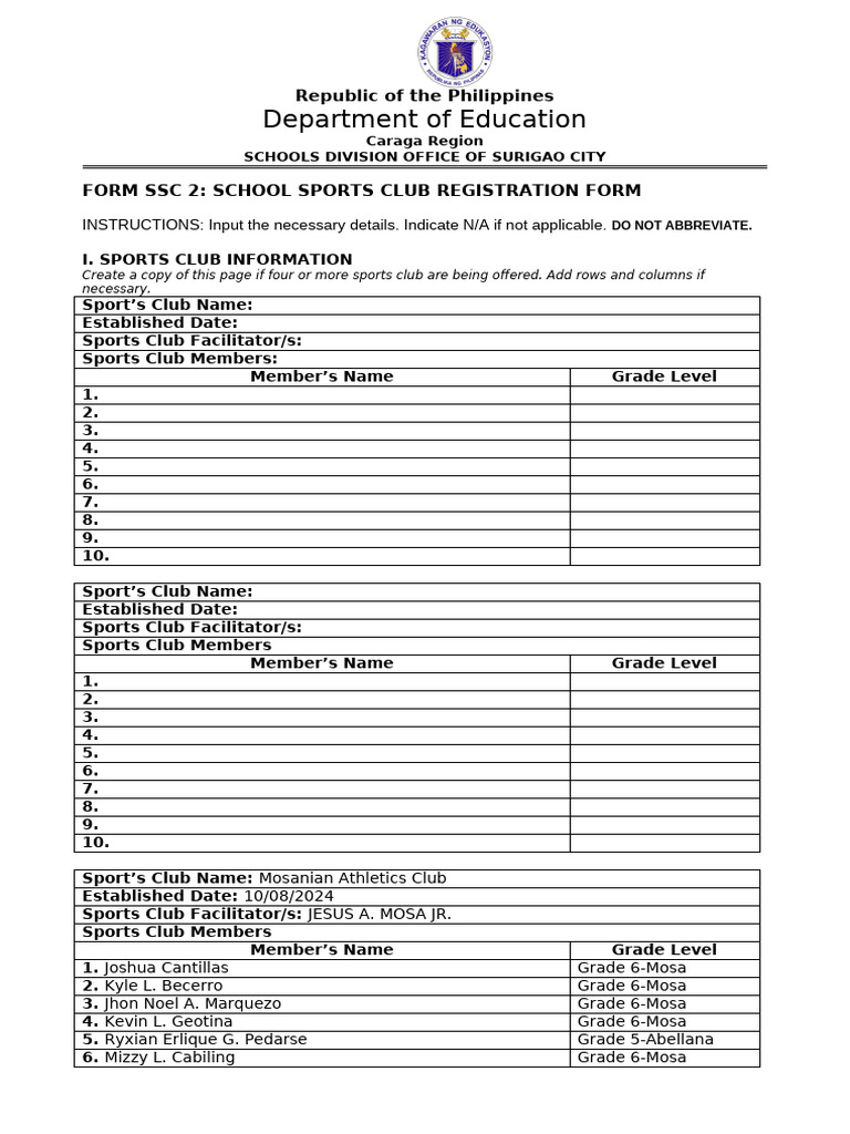 FORM SSC 2. School Sports Club Attachment Form | PDF