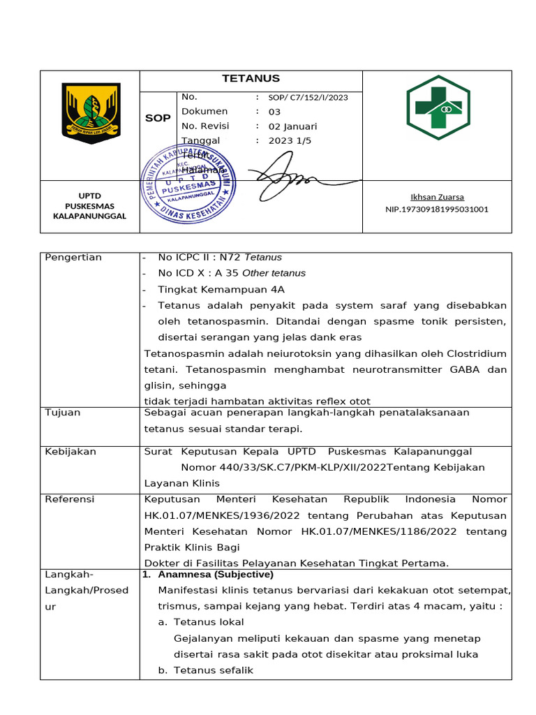 Sop Tetanus | PDF