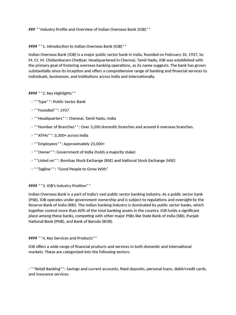 Industry Profile and Overview of Indian Overseas Bank | PDF