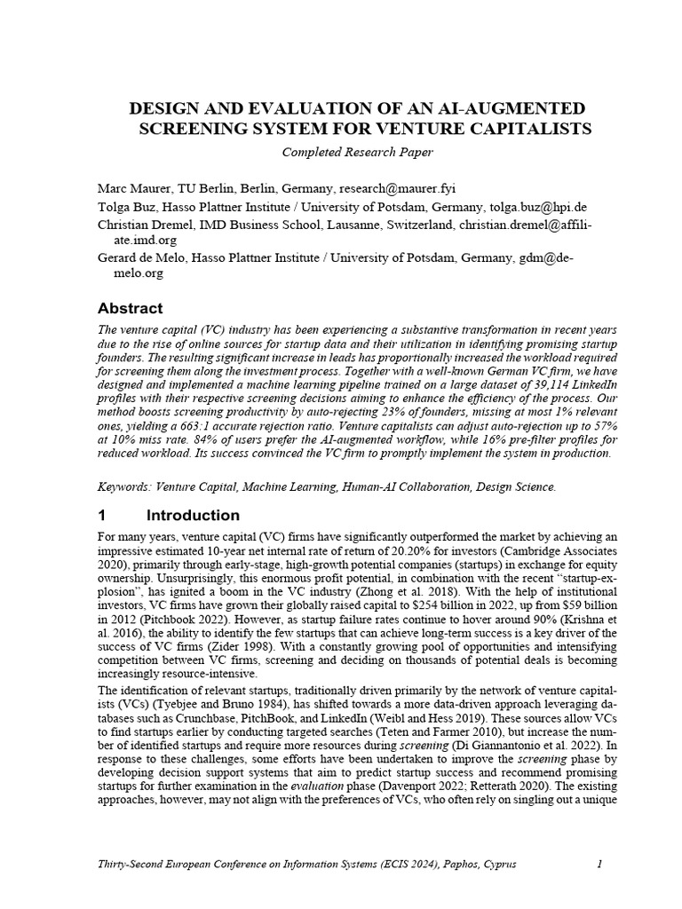 Design and Evaluation of An AI-Augmented Screening System For Venture Capitalists | PDF