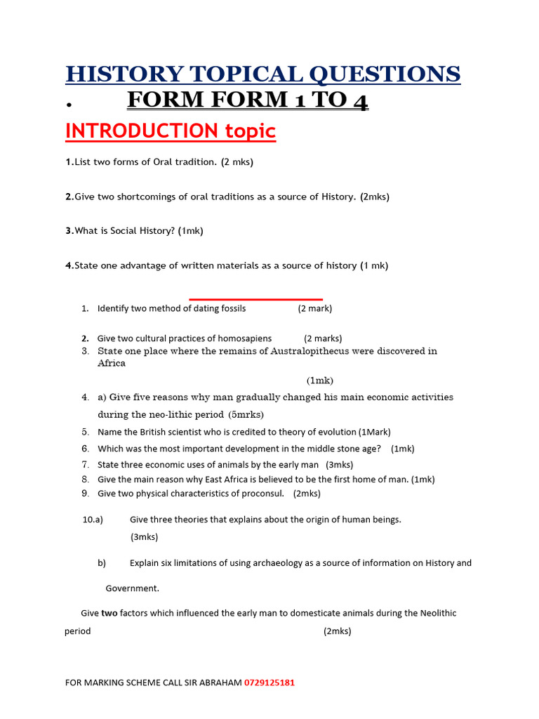 History Topical Questions Form 1 To Form 4 | PDF