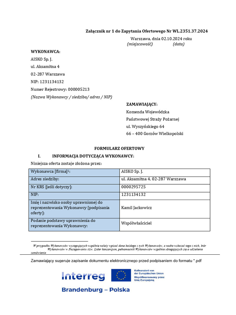 Załacznik NR 1. Formularz Ofertowy-Jk | PDF