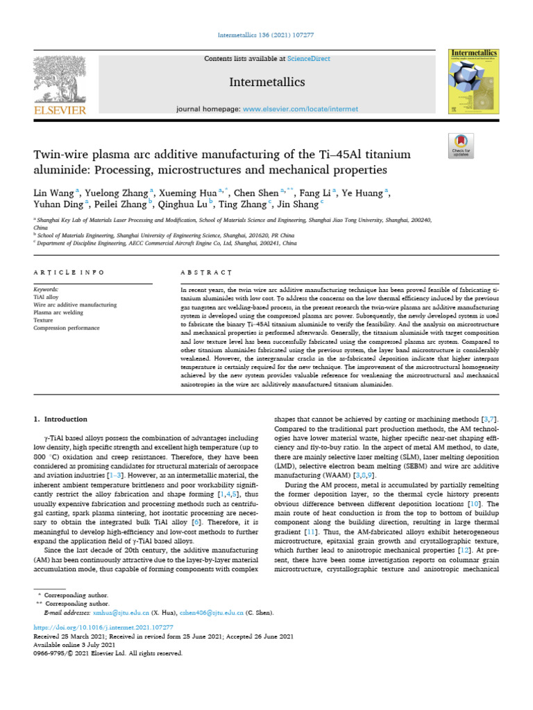 Twin-Wire Plasma Arc Additive Manufacturing of The Ti-45Al Titanium ...