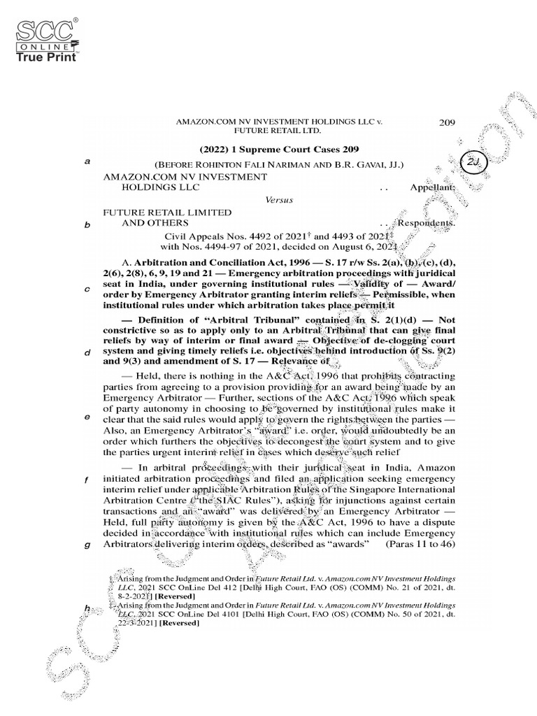 Amazon NV Investment Holdings LLC v. Future Retail LTD., 2022 1 SCC 209 ...