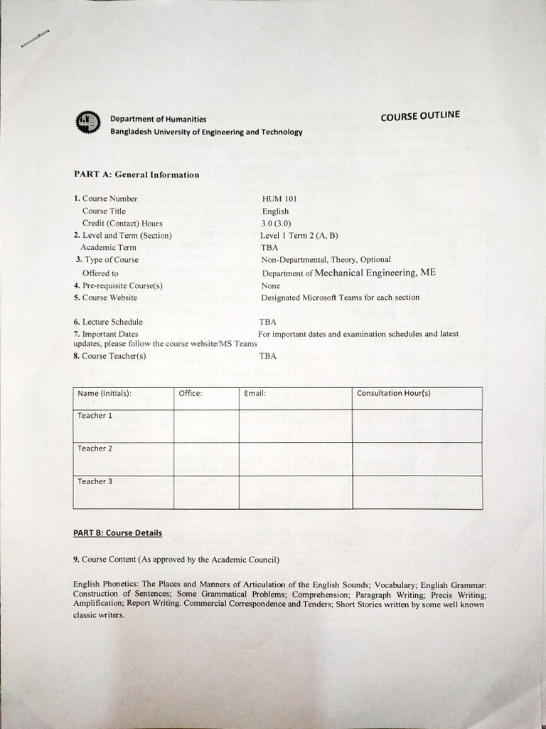 Course Outline Hum 101 | PDF