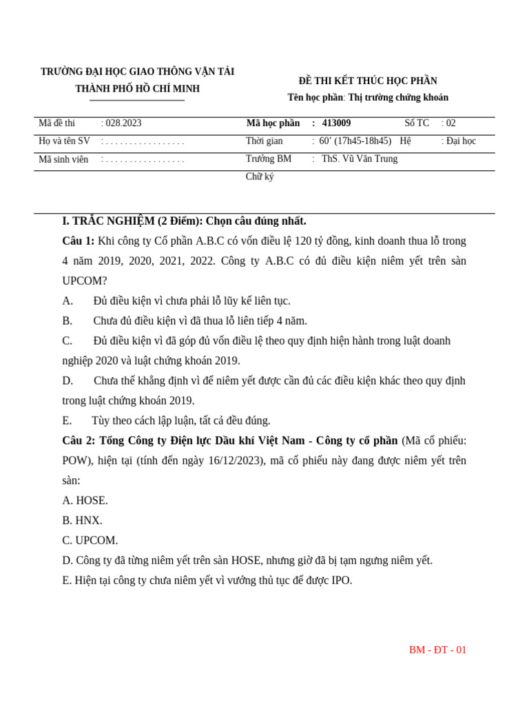 De Thi TTCK Lop DH Chính Quy -2023-Chinh Thuc-đề 028 | PDF