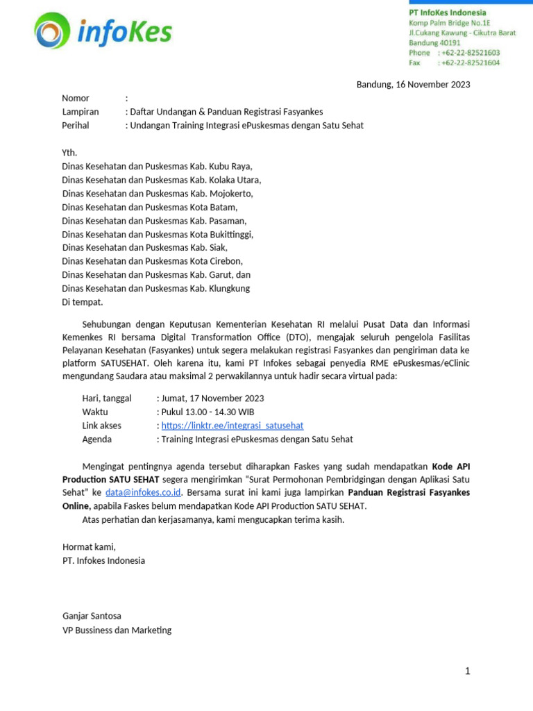 Surat Undangan Sosialisasi Integrasi Satu Sehat Batch 3 | PDF