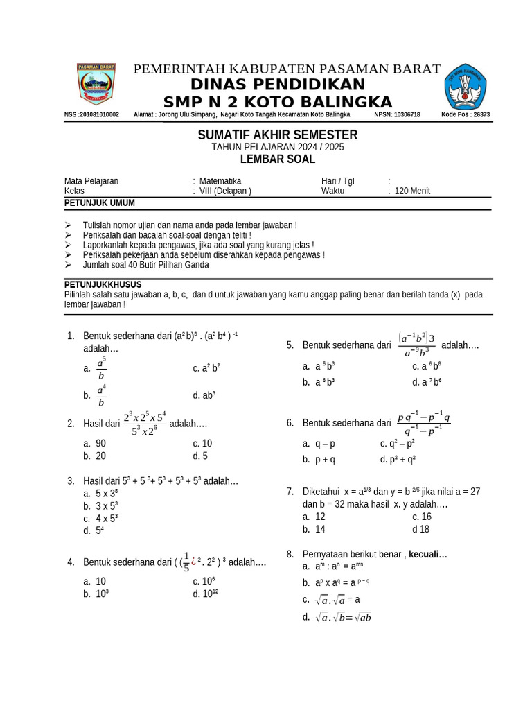 SOAL MATEMATIKA KELAS VIII | PDF