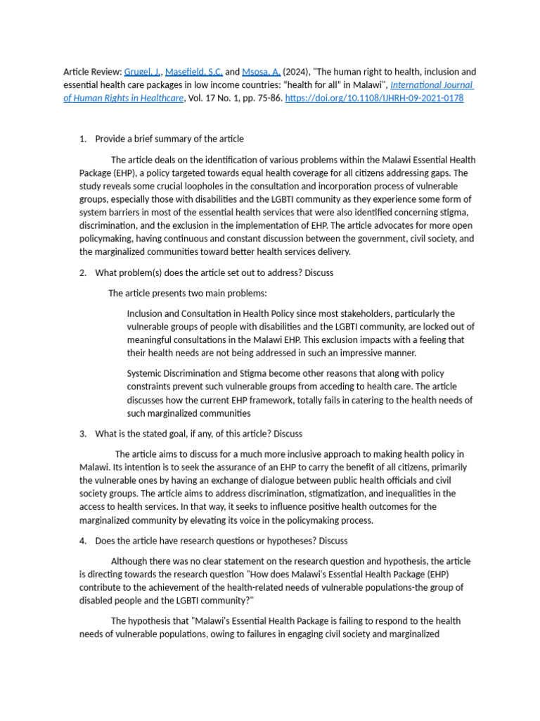 Article Review On Health and Human Rights | PDF