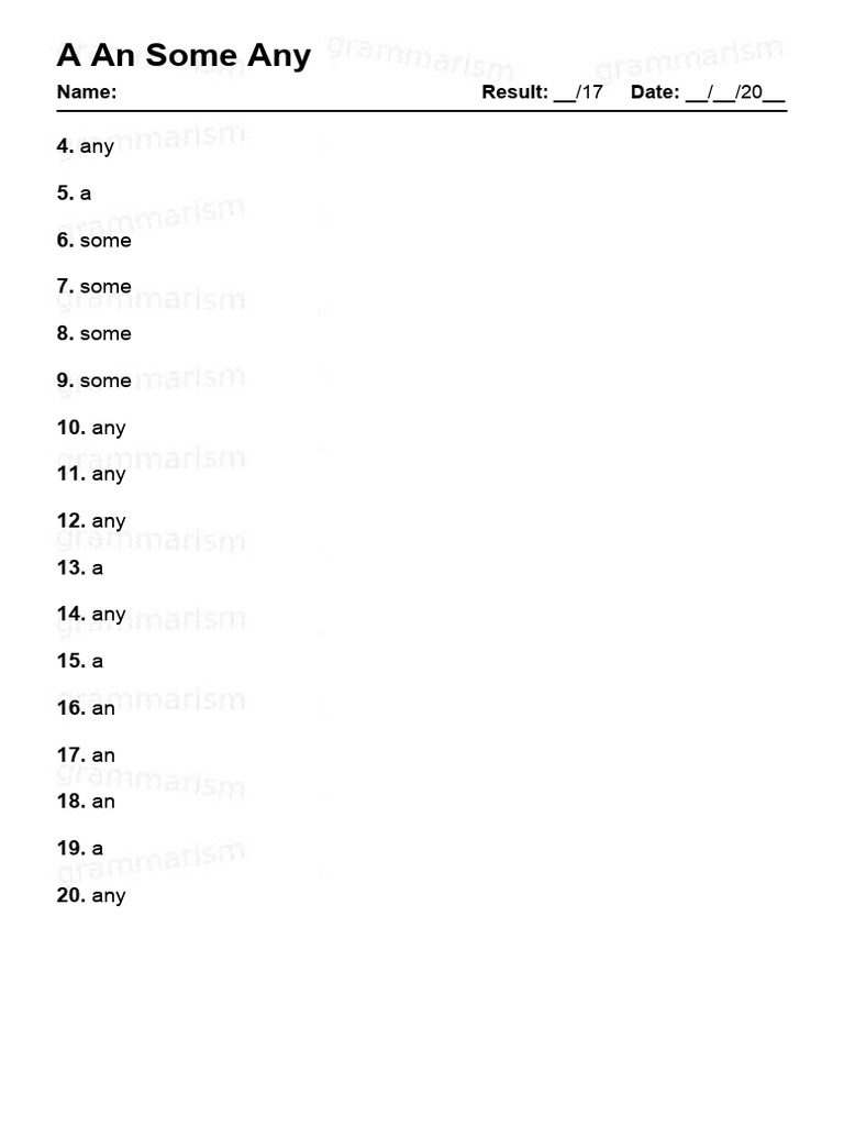 Grammarism A An Some Any Test 1 Answers 2629080 | PDF