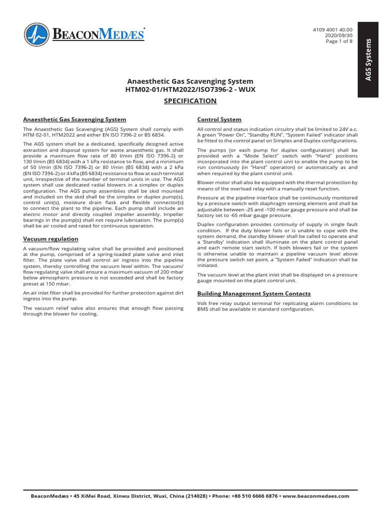 Bmed Anaesthetic Gas Scavenging System Simplex Duplex HTM ISO Product Specification Sheet EN ...