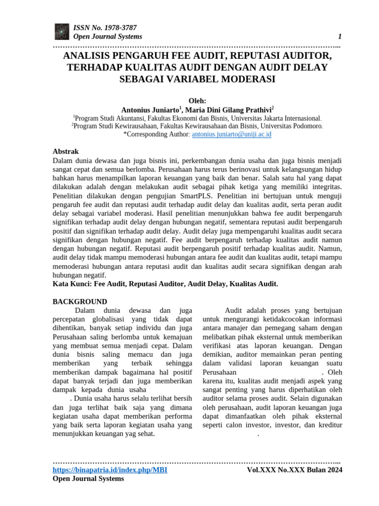 Analisis Pengaruh Fee Audit Reputasi Auditor Terhadap Kualitas Audit