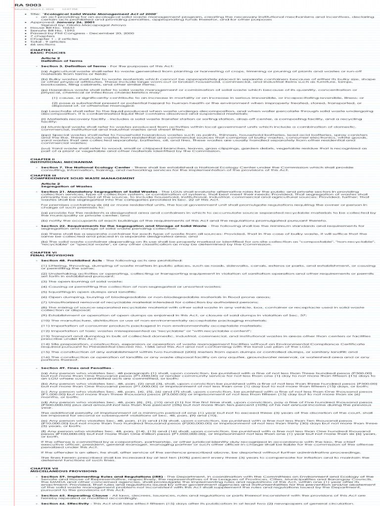 RA 9003 Ecological Solid Waste | PDF