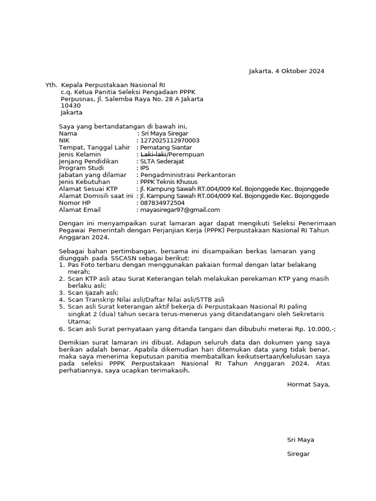 Surat Lamaran Sri Maya Siregar | PDF