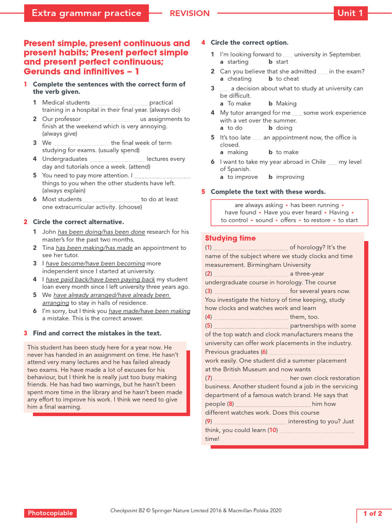 Checkpoint B2_TRC_Extra Grammar Practice_Revision_U1 | PDF